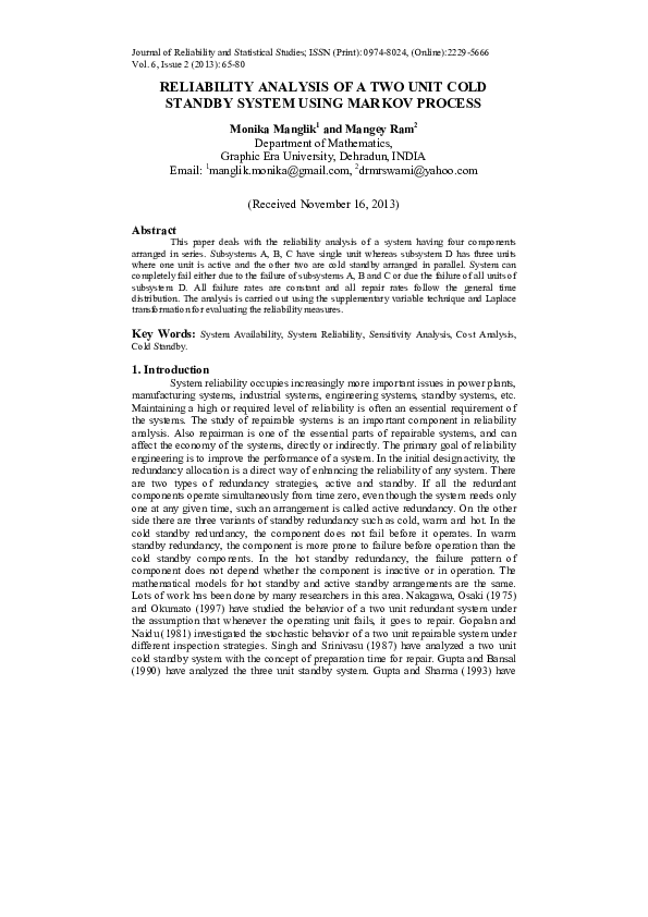(PDF) RELIABILITY ANALYSIS OF A TWO UNIT COLD STANDBY SYSTEM USING MARKOV PROCESS