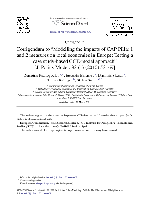 (PDF) Corrigendum to “Modelling the impacts of CAP Pillar 1 and 2 ...