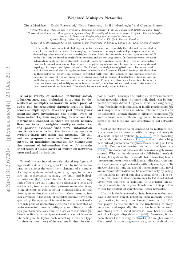 (PDF) Weighted Multiplex Networks