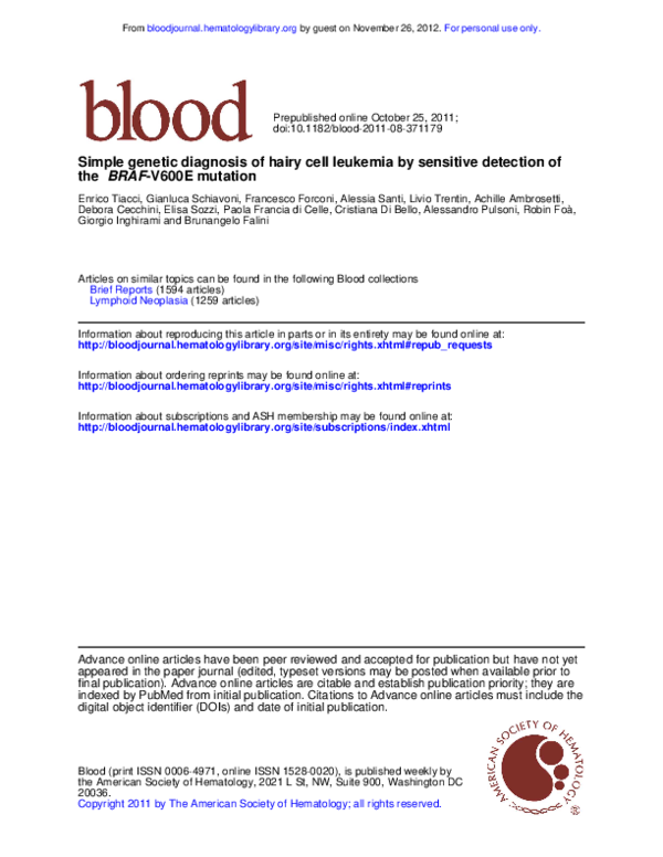 (PDF) Simple genetic diagnosis of hairy cell leukemia by sensitive ... (PDF) Simple genetic diagnosis of hairy cell leukemia by sensitive ...