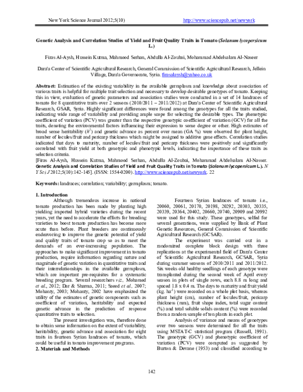 (PDF) Genetic Analysis and Correlation Studies of Yield and Fruit Quality Traits in Tomato ...