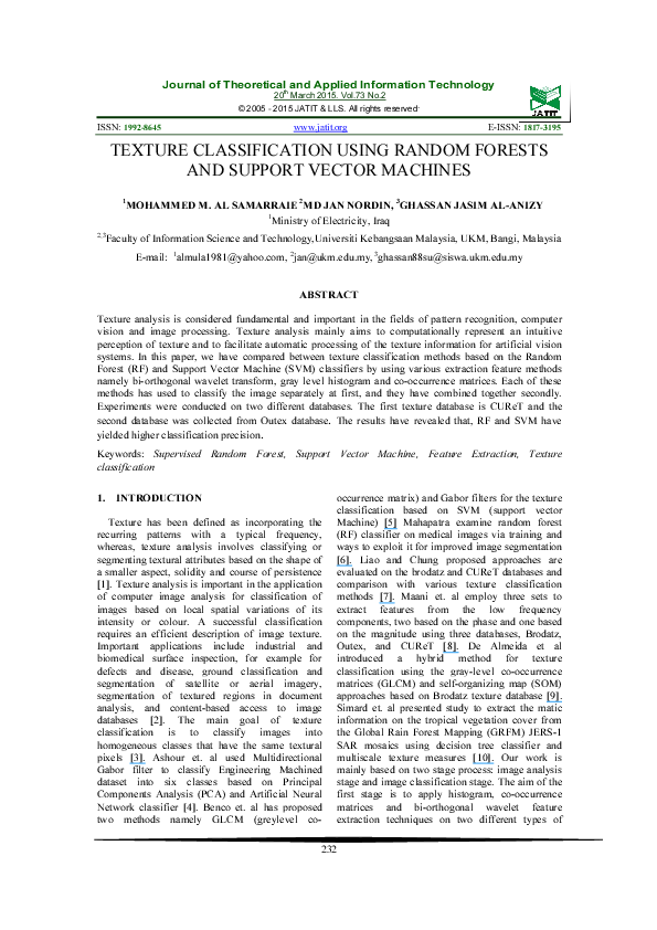 Pdf Texture Classification Using Random Forests And Support Vector
