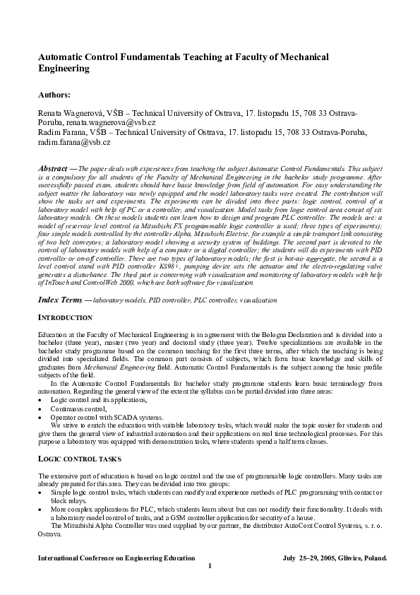 (PDF) Automatic Control Fundamentals Teaching at Faculty of Mechanical ...