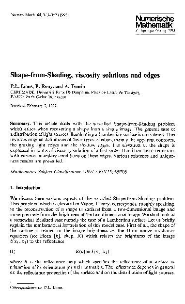 (PDF) Shape-from-shading, viscosity solutions and edges