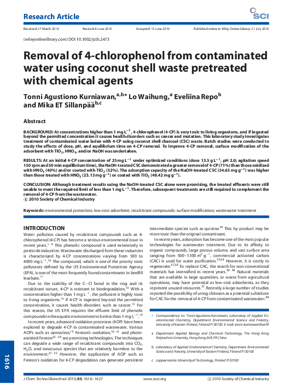 (PDF) Removal of 4-chlorophenol from contaminated water using coconut ...