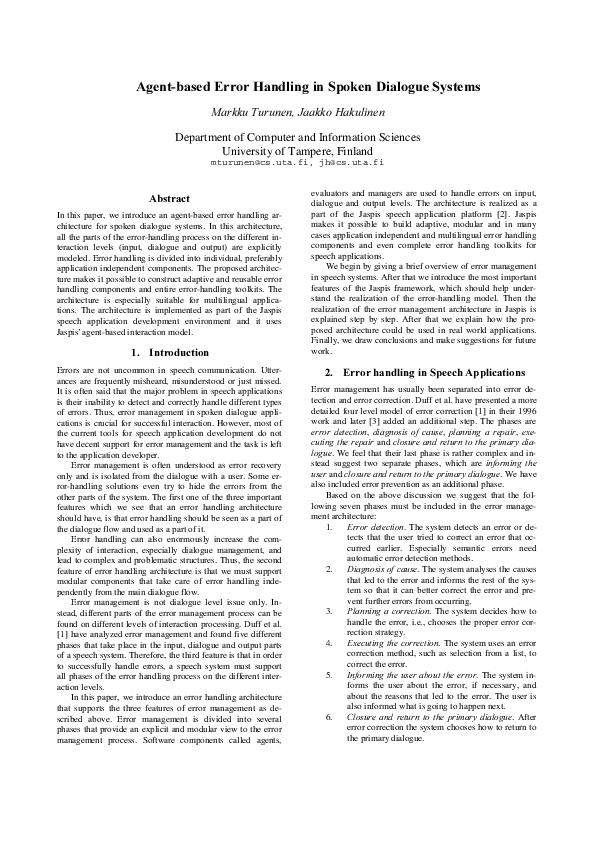 Pdf Agent Based Error Handling In Spoken Dialogue Systems