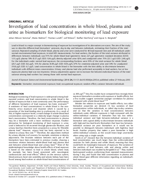 (PDF) Investigation of lead concentrations in whole blood, plasma and ...