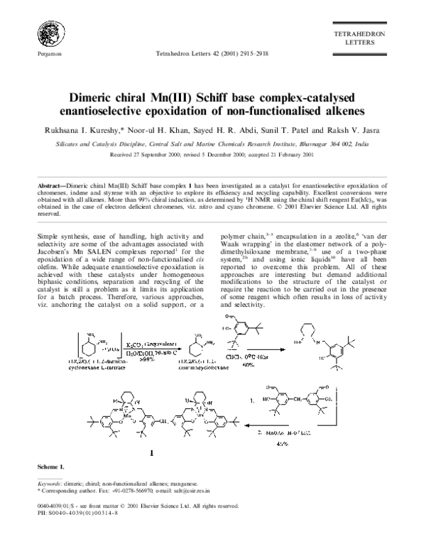 (PDF) Dimeric chiral Mn(III) Schiff base complex-catalysed enantioselective epoxidation of non ...