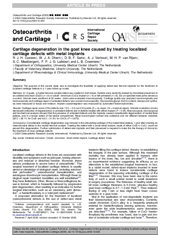 (PDF) Cartilage degeneration in the goat knee caused by treating ...