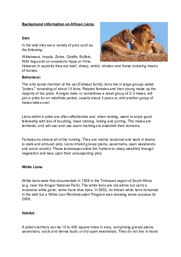 (DOC) Background information on African Lions