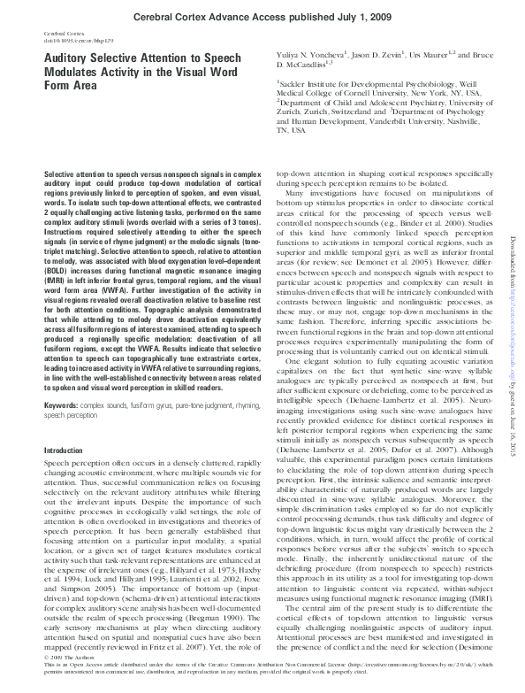 Pdf Auditory Selective Attention To Speech Modulates Activity In The