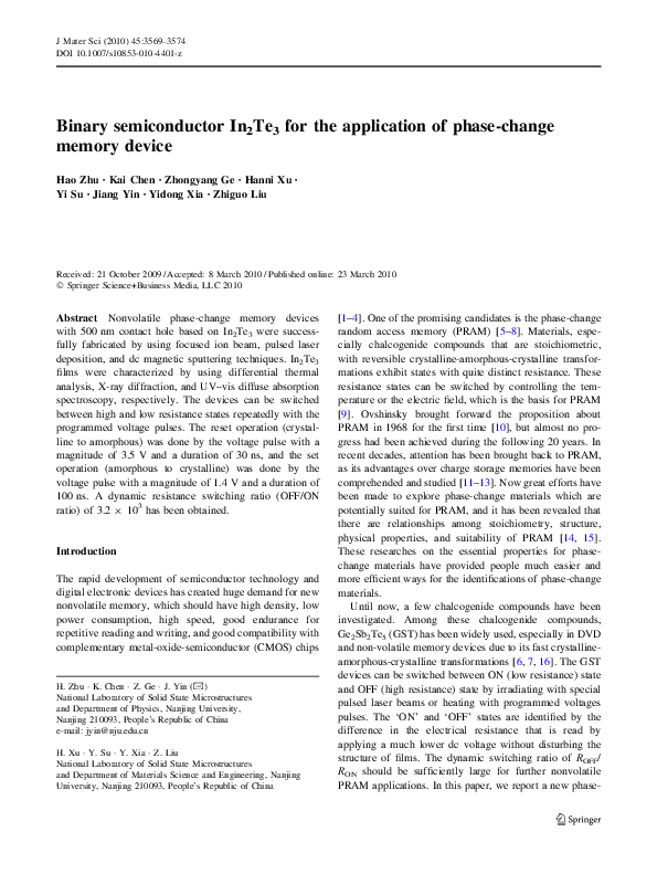 (PDF) Binary semiconductor In2Te3 for the application of phase-change memory device