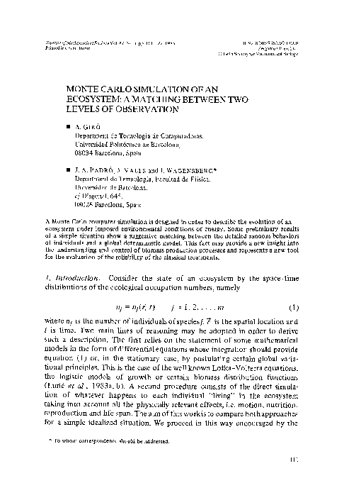 Pdf Monte Carlo Simulation Of An Ecosystem A Matching Between Two Levels Of Observation