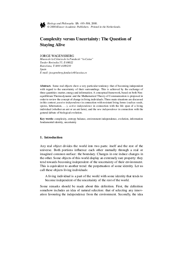 (PDF) Complexity versus uncertainty: the question of staying alive