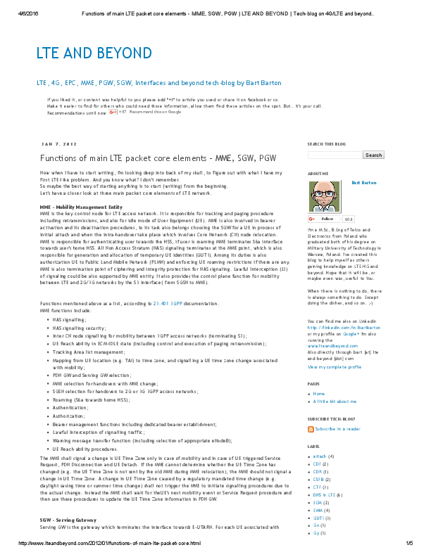Pdf Functions Of Main Lte Packet Core Elements Mme Sgw Pgw Lte And Beyond Tech Blog On 4g