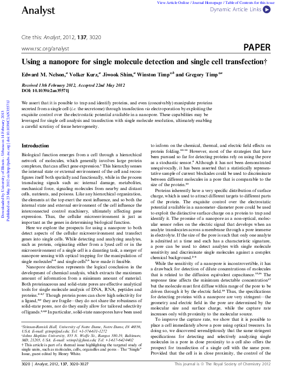 (PDF) Using a nanopore for single molecule detection and single cell transfection | Winston Timp ...