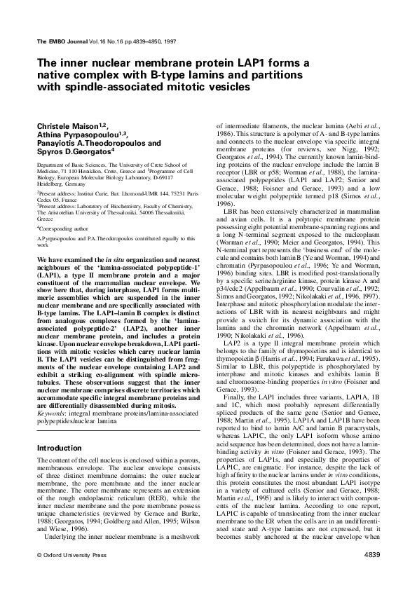 (PDF) The inner nuclear membrane protein LAP1 forms a native complex ...