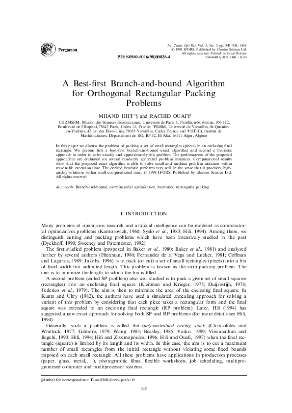 Pdf A Best First Branch And Bound Algorithm For Orthogonal Rectangular Packing Problems