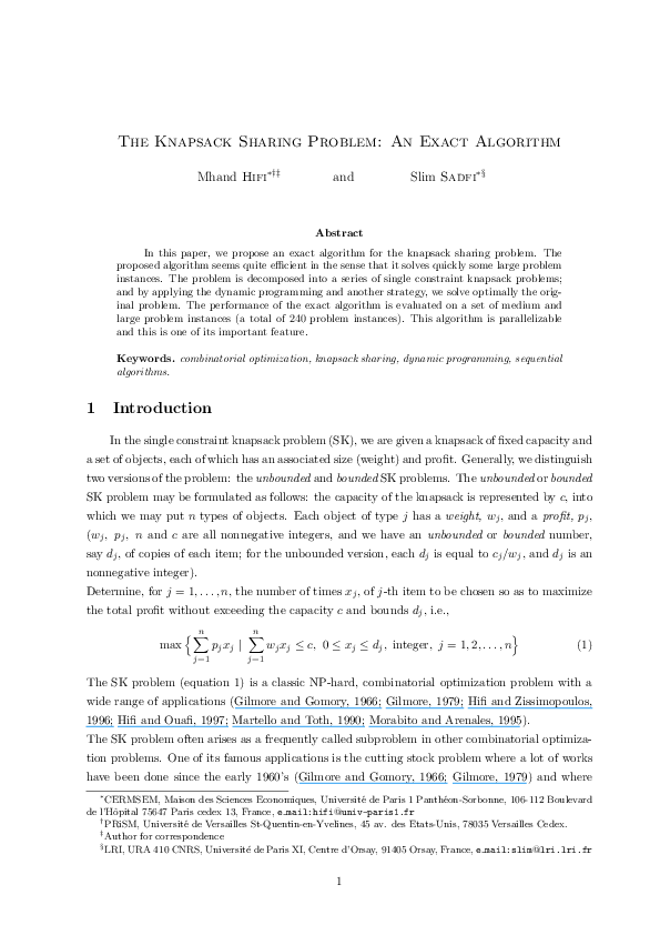 (PDF) The knapsack sharing problem: An exact algorithm