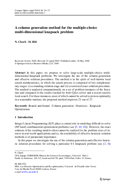 Pdf A Column Generation Method For The Multiple Choice Multi Dimensional Knapsack Problem