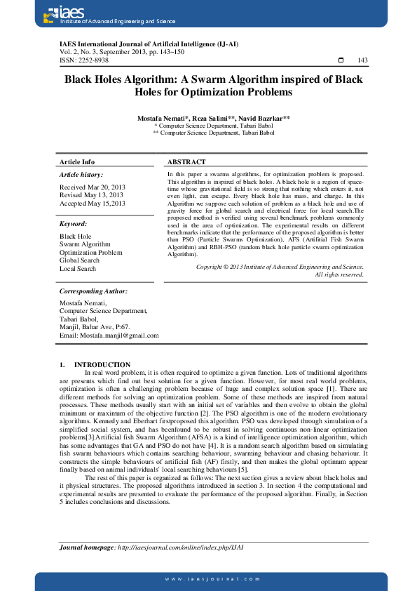 (PDF) Black Holes Algorithm: A Swarm Algorithm inspired of Black Holes for Optimization Problems