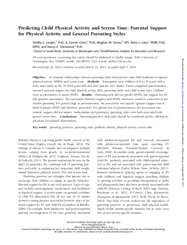 (PDF) Predicting child physical activity and screen time: parental ...
