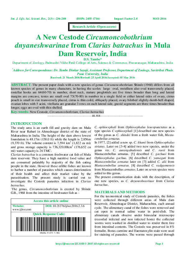 (PDF) A New Cestode Circumoncobothrium dnyaneshwarinae from Clarias ...