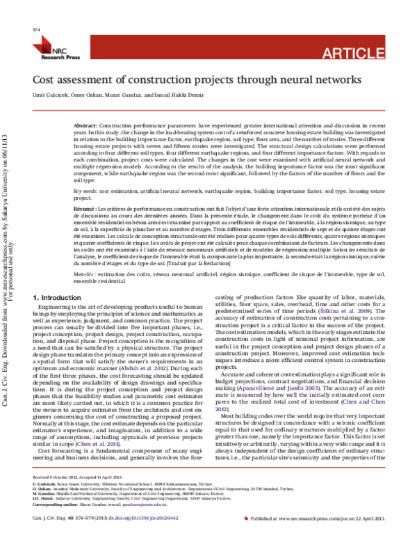 (PDF) ARTICLE Cost assessment of construction projects through neural networks