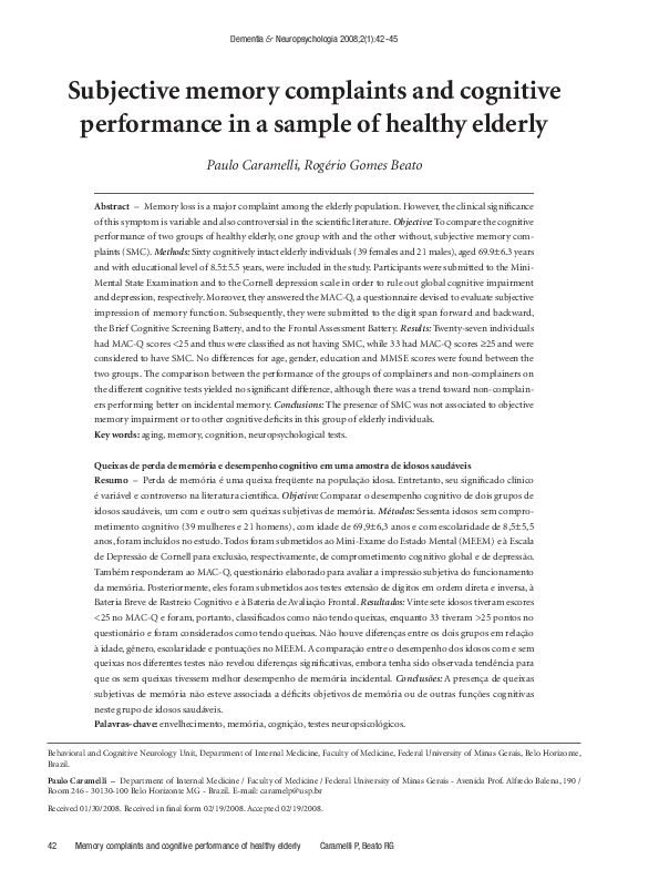 (PDF) Subjective memory complaints and cognitive performance in a ...