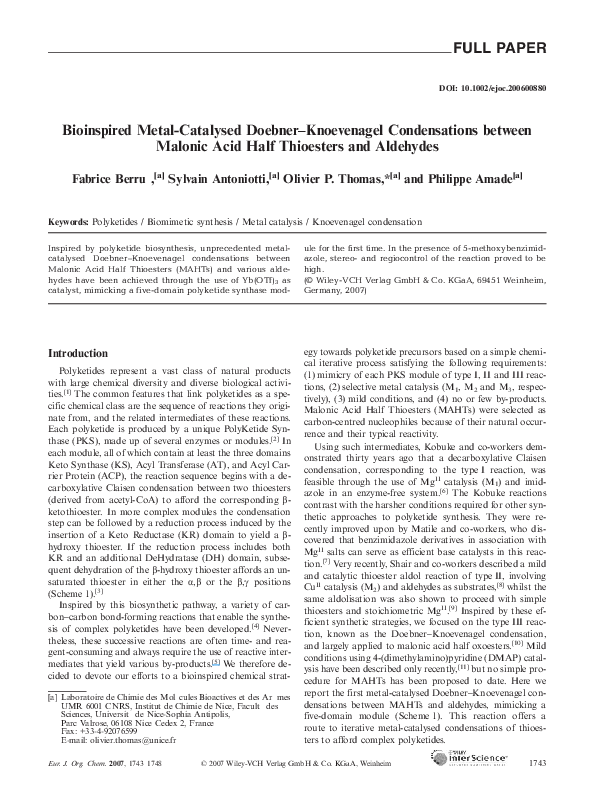 (PDF) Bioinspired Metal-Catalysed Doebner–Knoevenagel Condensations ...