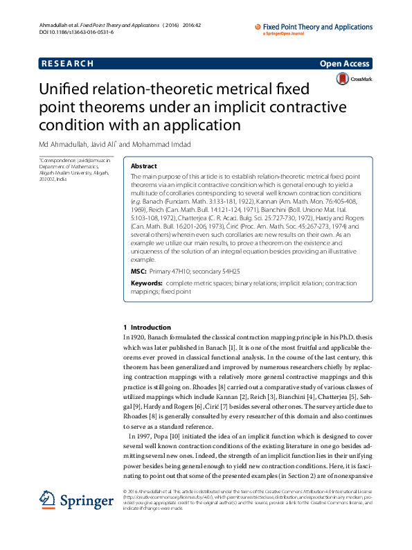 Pdf Unified Relation Theoretic Metrical Fixed Point Theorems Under An Implicit Contractive 1531