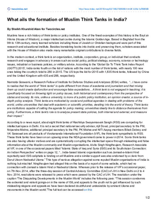 (PDF) What ails the formation of Muslim Think Tanks in India