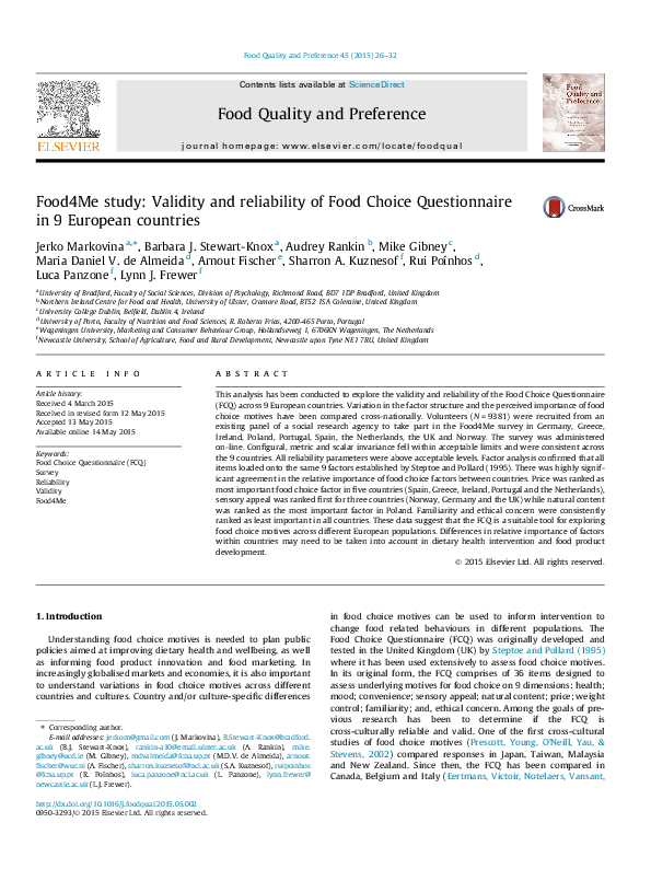 (PDF) Validity and Reliability of Food Choice Questionnaire in 9 ...