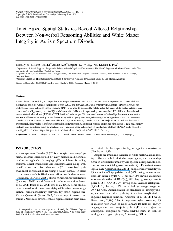 (PDF) Tract-Based Spatial Statistics Reveal Altered Relationship Between Non-verbal Reasoning ...