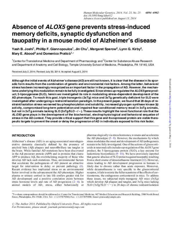(PDF) Absence of ALOX5 gene prevents stress-induced memory deficits ...