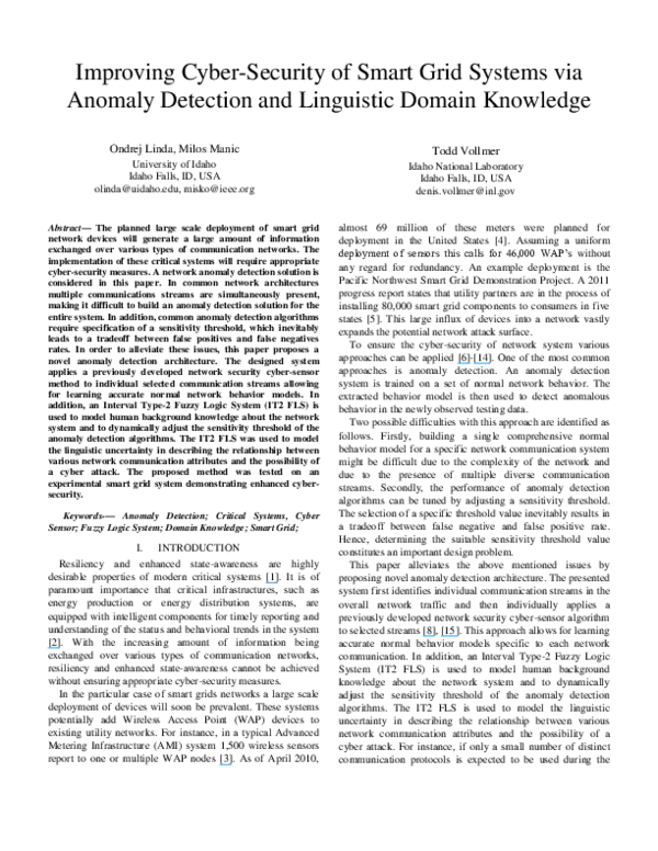 Pdf Improving Cyber Security Of Smart Grid Systems Via Anomaly Detection And Linguistic Domain