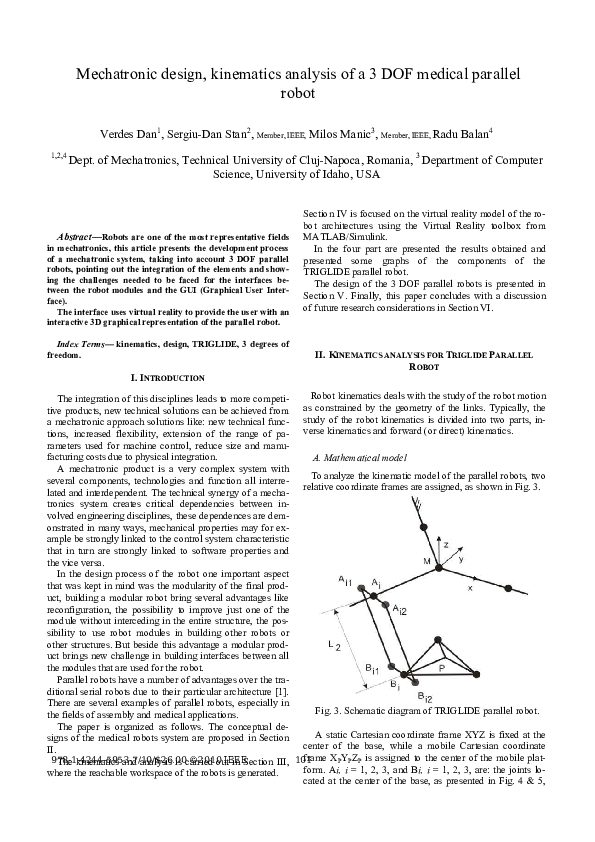 (PDF) Mechatronic design, kinematics analysis of a 3 DOF medical ...