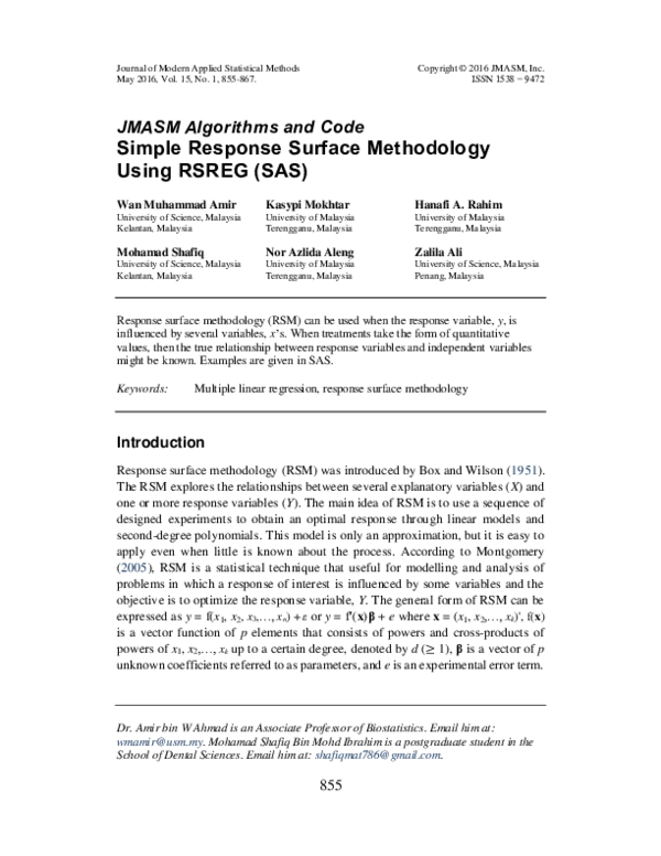 Pdf Simple Response Surface Methodology Using Rsreg Sas