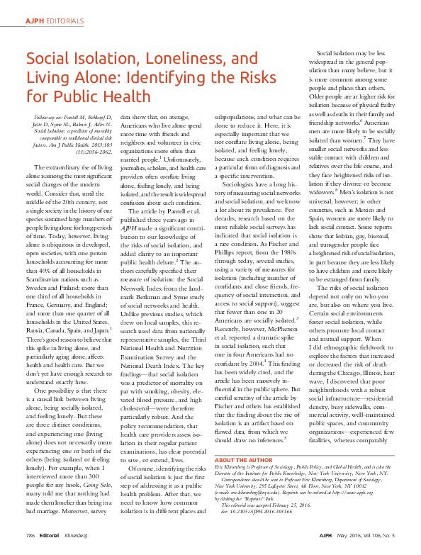 (PDF) Social Isolation, Loneliness, and Living Alone: Identifying the ...