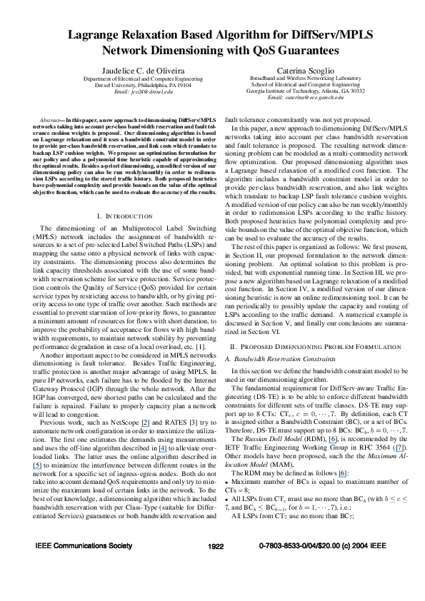 Pdf Lagrange Relaxation Based Algorithm For Diffservmpls Network Dimensioning With Qos Guarantees