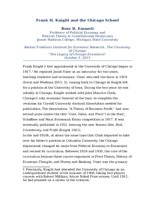 (DOC) Frank H. Knight and the Chicago School