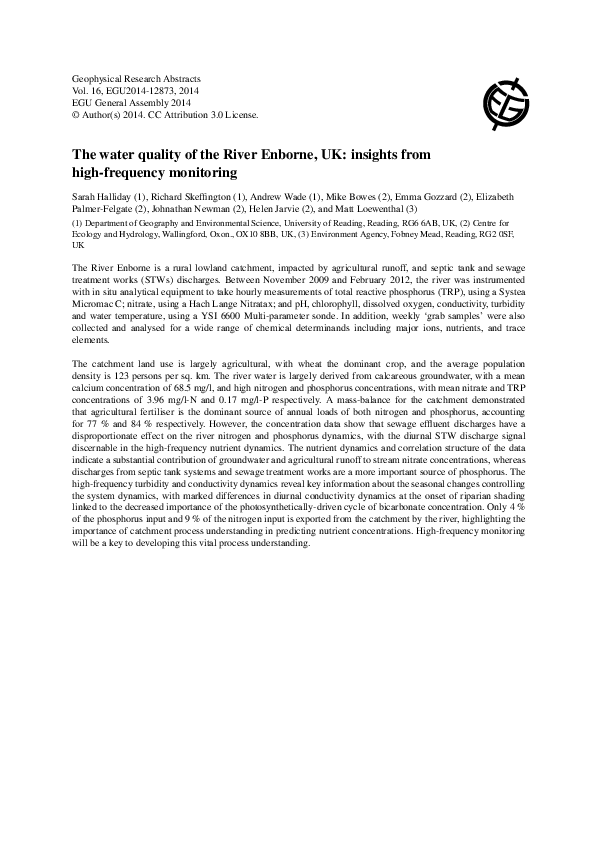 (PDF) The water quality of the River Enborne, UK: insights from high ...