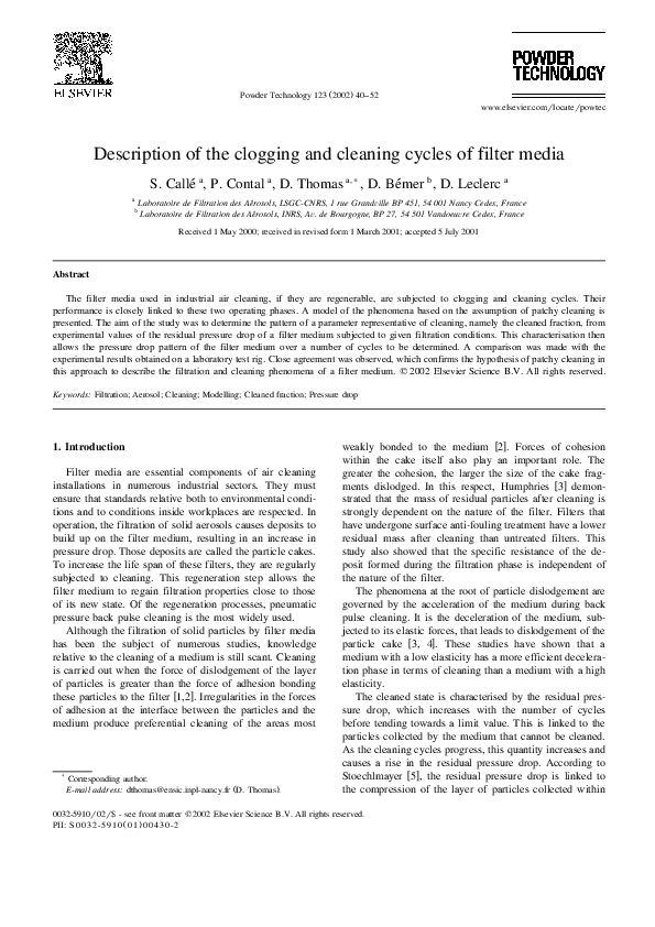 (PDF) Description of the clogging and cleaning cycles of filter media