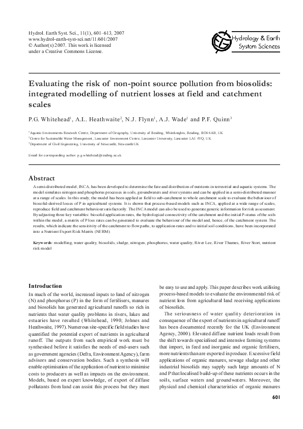 (PDF) Evaluating the risk of non-point source pollution from biosolids: integrated modelling of ...