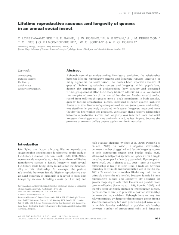 (PDF) Lifetime reproductive success and longevity of queens in an ...