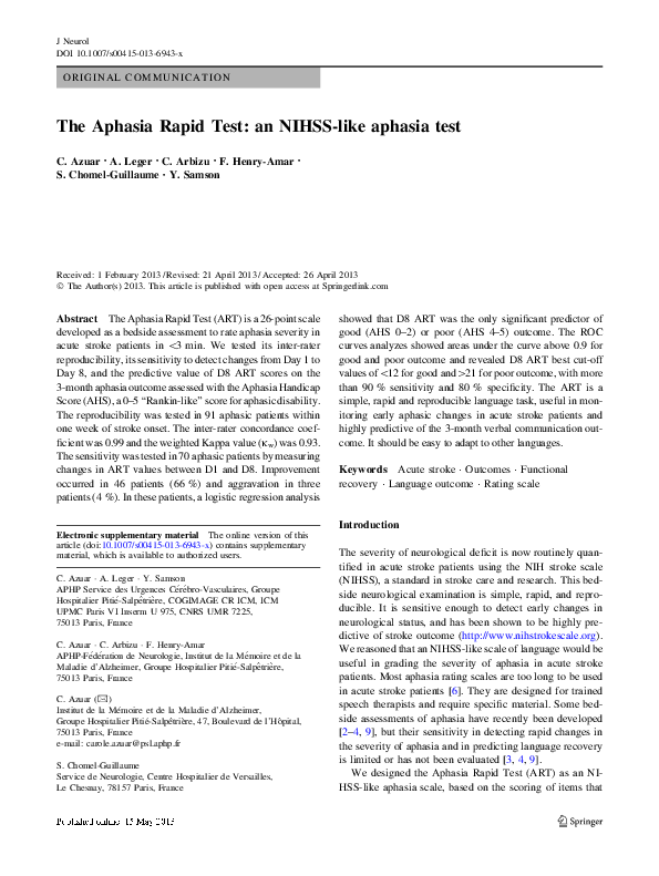 (PDF) The Aphasia Rapid Test: an NIHSS-like aphasia test