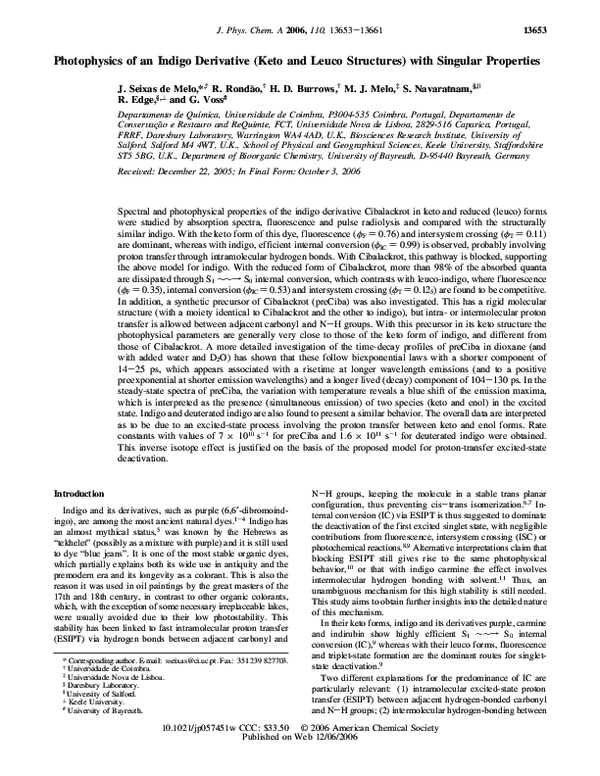 (PDF) Photophysics of an Indigo Derivative (Keto and Leuco Structures ...