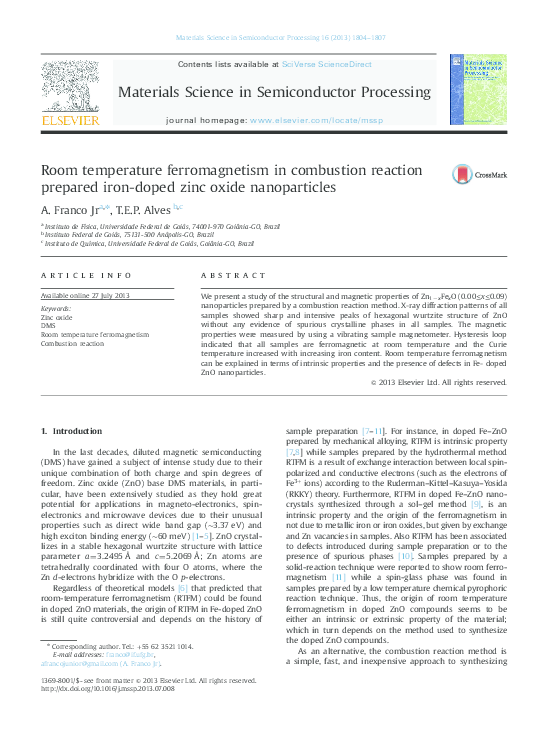 (PDF) Room temperature ferromagnetism in combustion reaction prepared iron-doped zinc oxide ...