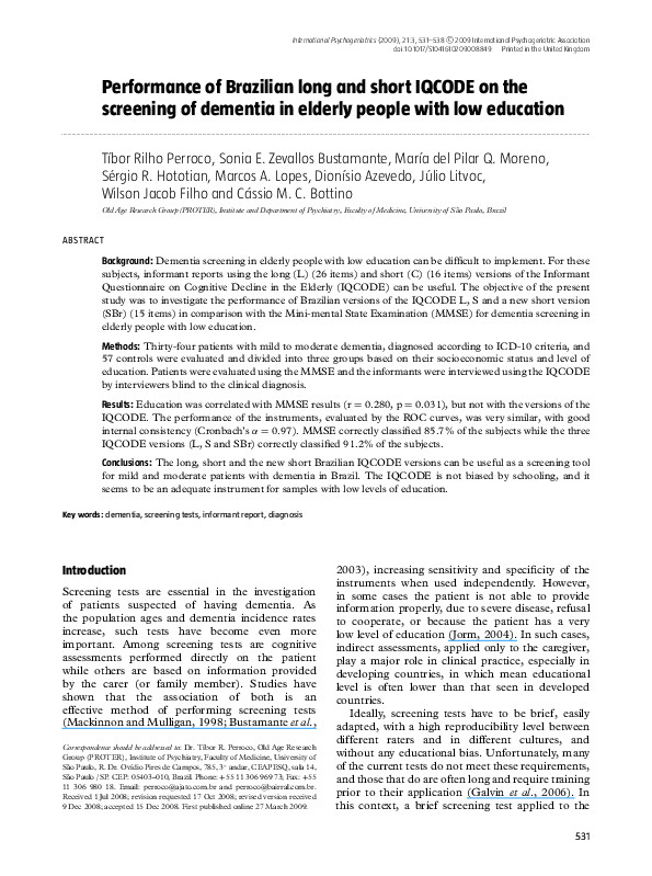 (PDF) Performance of Brazilian long and short IQCODE on the screening ...