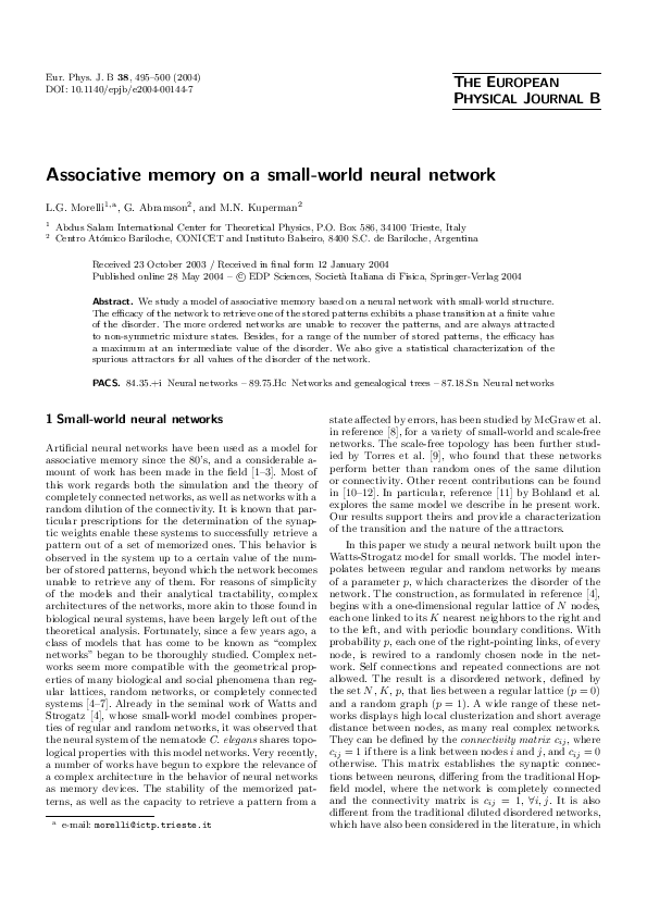 (PDF) Associative memory on a small-world neural network